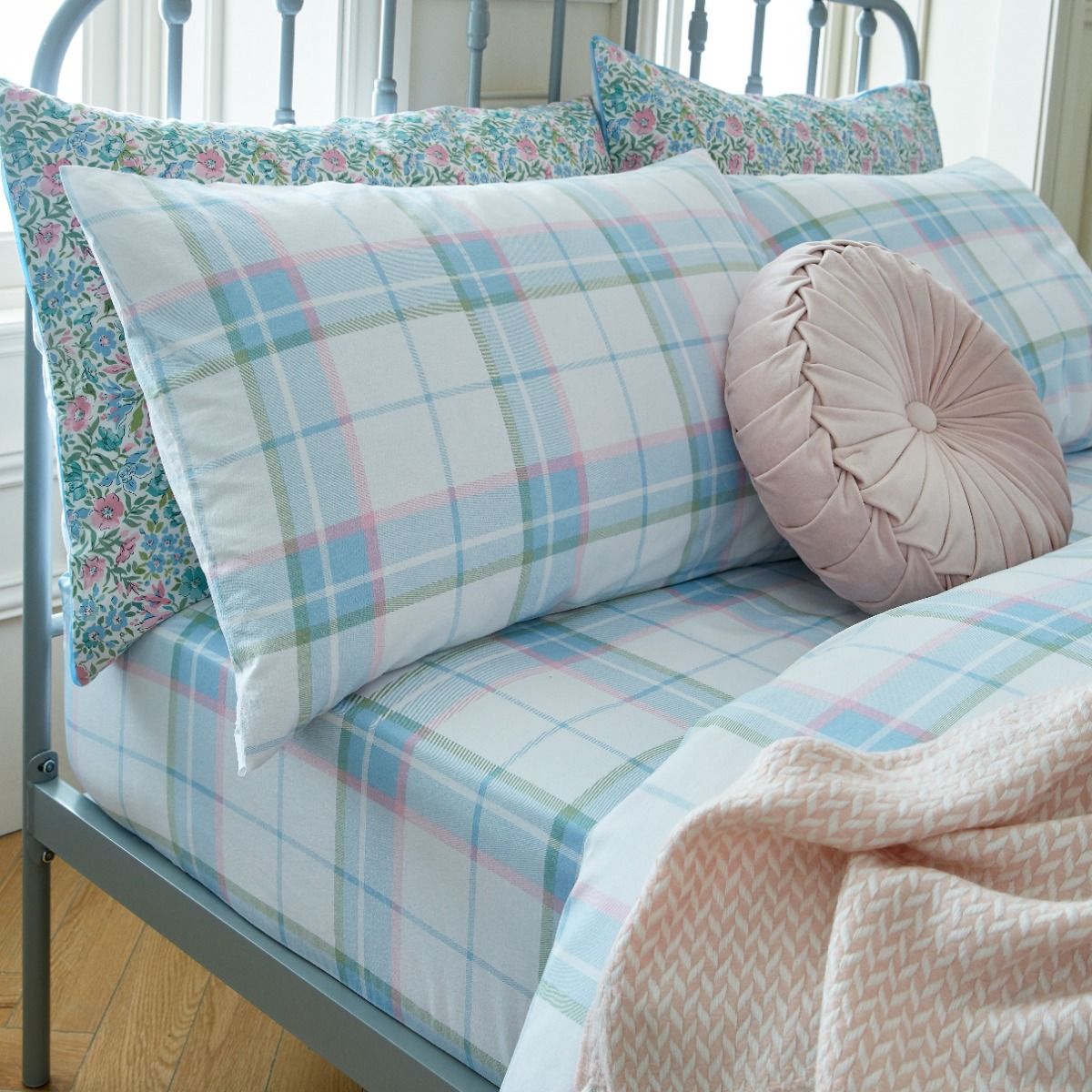 Laura Ashley Highland Check Sherston Powder Blue Fitted Sheet ...